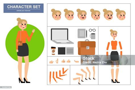34 애니메이션 캐릭터 보기 다양한 뷰 얼굴 감정 포즈 제스처 및 사무용 도구를 갖춘 사무실 여성 캐릭터 생성자 만화 스타일 플랫 벡터 일러스트 레이 션 개체 그룹에 대한