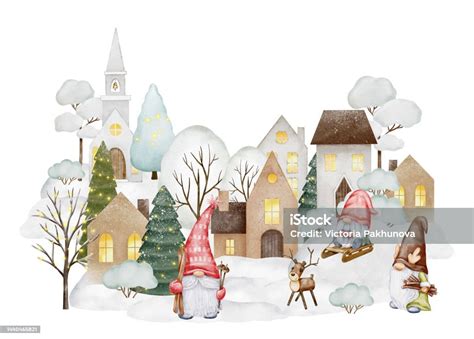 귀여운 격언 집 나무 눈이 있는 크리스마스 마을 겨울 풍경 장면 배경입니다 흰색 배경에 격리된 수채화 그림 인사말 카드 엽서 스크랩북을위한 휴일 디자인 12월에 대한 스톡