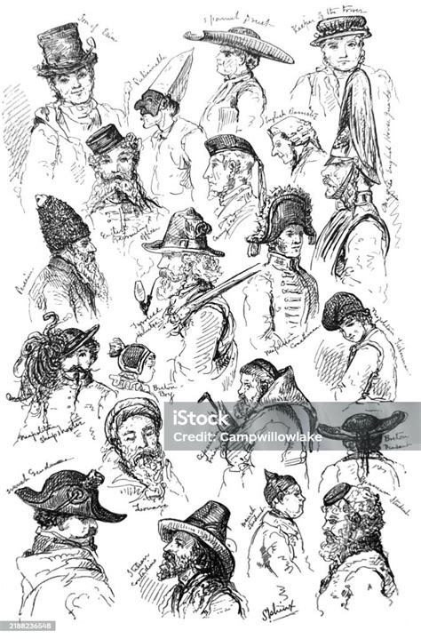 골동품 일러스트레이션 다양한 모자를 쓴 남자의 초상화 결합 일부 군사 모자 19세기에 대한 스톡 벡터 아트 및 기타 이미지 19세기 19세기 스타일 고전 양식