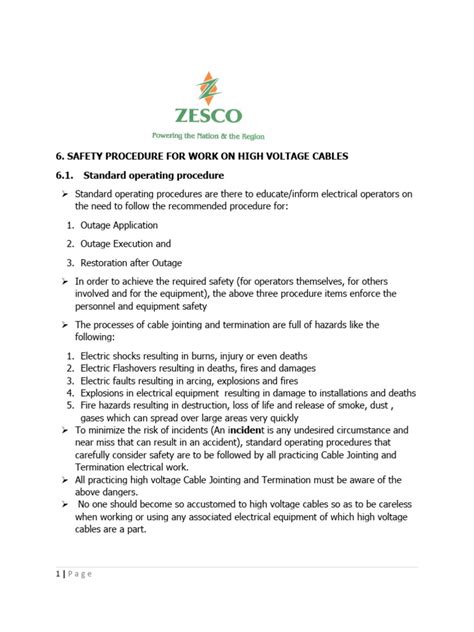 Safety Procedure For Work On High Voltage Cables Pdf High Voltage Electrical Resistance