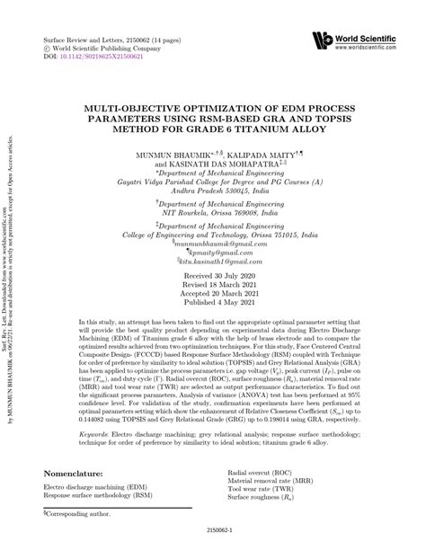 Pdf Multi Objective Optimization Of Edm Process Parameters Using Rsm