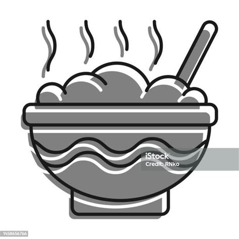 회색 색상 아이콘으로 채워진 선형 뜨거운 죽의 그릇 맛있고 풍성한 점심 간단한 흑백 벡터 흰색 배경에 격리 건강한 생활방식에 대한 스톡 벡터 아트 및 기타 이미지 Istock