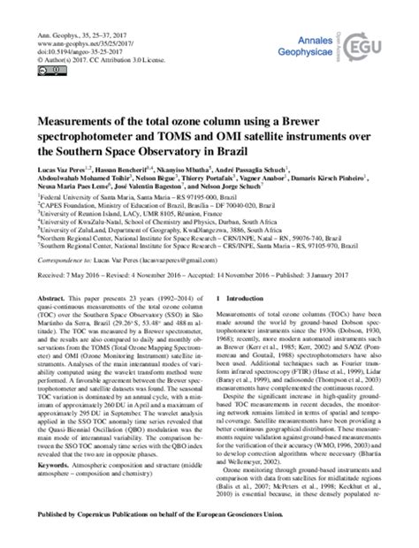 Pdf Measurements Of The Total Ozone Column Using A Brewer Spectrophotometer And Toms And Omi