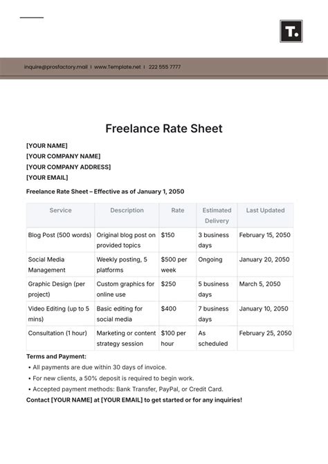 Freelance Rate Sheet Template To Edit Online