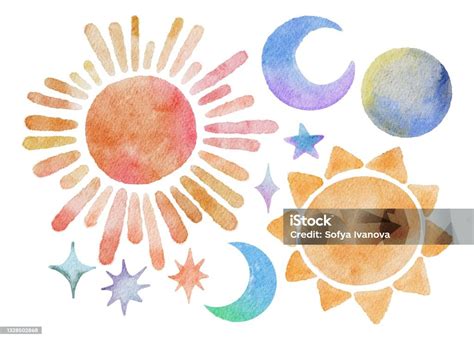 수채화 손은 태양 달 별의 귀여운 아이들의 그림을 그립니다 포스터 인쇄 엽서 카드 디자인 초대장 템플릿 축하 생일 결혼식 섬유에 사용 드로잉에 대한 스톡 벡터 아트 및 기타