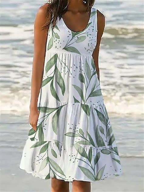Womens Casual Dress Shift Dress Sundress Midi Dress White Green