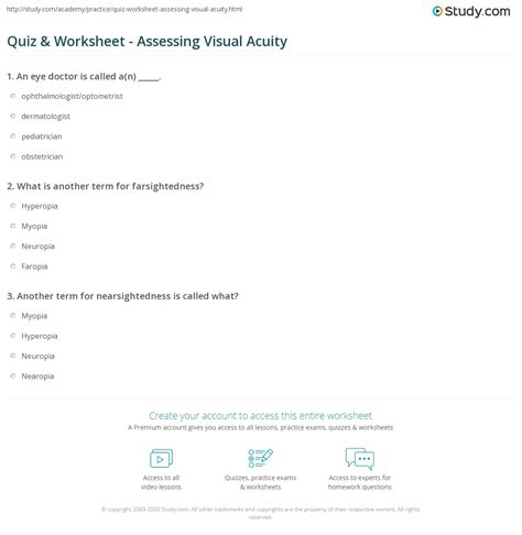 Quiz And Worksheet Assessing Visual Acuity