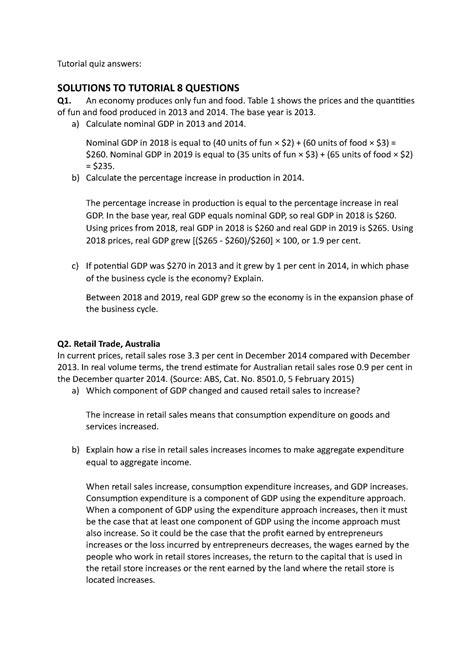 Tutorial Quiz Questions And Answers Tutorial Quiz Answers Solutions To Tutorial 8 Questions