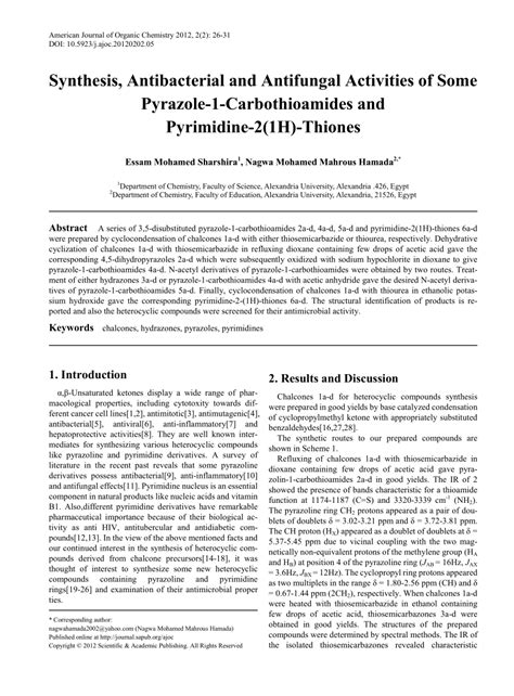 Pdf Synthesis Antibacterial And Antifungal Activities Of Some Pyrazole 1 Carbothioamides And