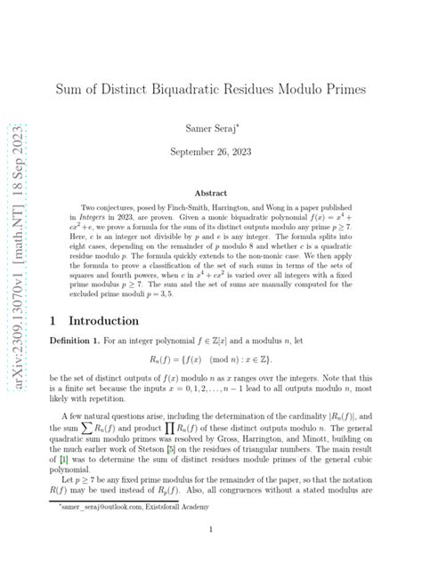 Sum Of Distinct Biquadratic Residues Modulo Primes Pdf Prime Number
