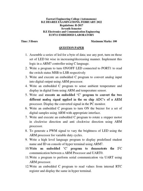 Easwari Engineering College Embedded Lab Questions Pdf Embedded System Microcontroller