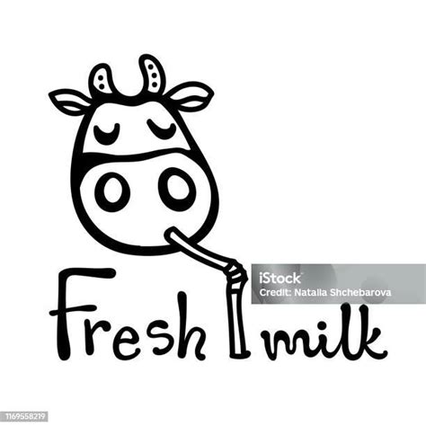 벡터 일러스트 라인 만화 암소 빨대와 우유를 마시는 손으로 그린 격리 신선한 우유글자로 패키지 포스터 라벨 디자인 배너 전단지