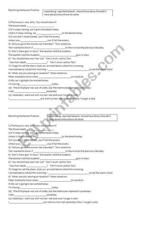English Worksheets Rewriting Sentences Practice