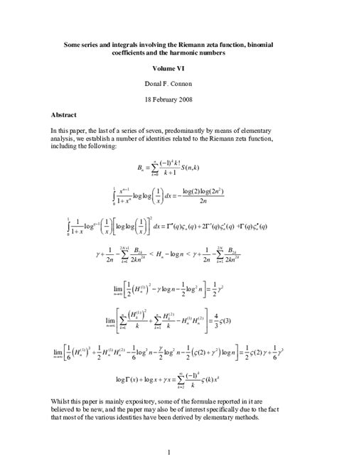Pdf Some Series And Integrals Involving The Riemann Zeta Function Binomial Coefficients And