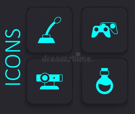 Set Bottle With Magic Elixir Microphone Game Controller Or Joystick And Web Camera Icon Black