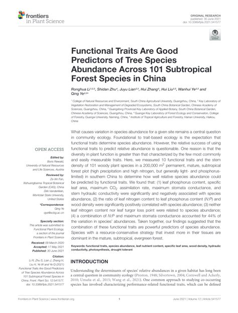 Pdf Functional Traits Are Good Predictors Of Tree Species Abundance