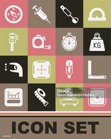시계 코너 눈금자 무게 계량 스푼 룰렛 구성 캘리퍼 캘리퍼스 및 눈금 나침반 및 스톱워치 아이콘을 설정합니다 벡터 건강 진단에 대한 스톡 벡터 아트 및 기타 이미지 Istock