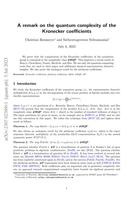 Pdf A Remark On The Quantum Complexity Of The Kronecker Coefficients