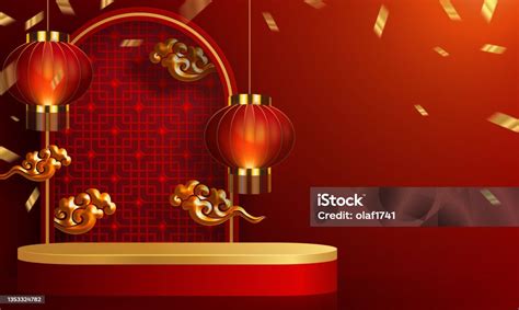 3d 포디움 라운드 스퀘어 박스 무대 연단과 종이 예술 중국 새해 중국 축제 중간 가을 축제 빨간 종이 컷 팬 꽃과 배경에 공예 스타일 아시아 요소 2022년에 대한 스톡