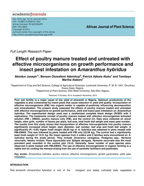 Pdf Effect Of Poultry Manure Treated And Untreated With Effective