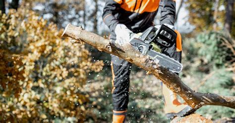 보호용 작업복을 입은 벌목꾼이 숲의 나무 줄기에서 전기톱으로 톱질하고 있으며 얼굴이 없는 클로즈업 사진 Unsplash의 작업 이미지