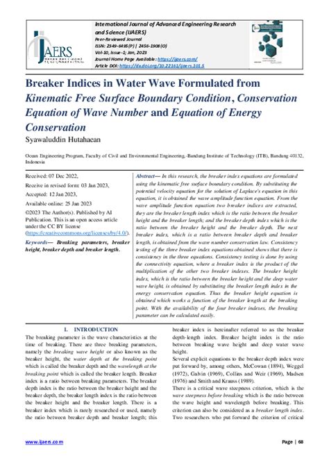 Pdf Breaker Indices In Water Wave Formulated From Kinematic Free Surface Boundary Condition