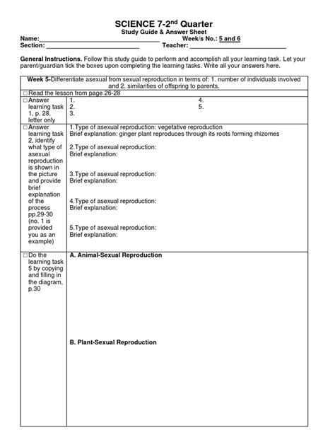 Answer Sheet And Learning Guide Week 5 6 Pdf Sexual Reproduction