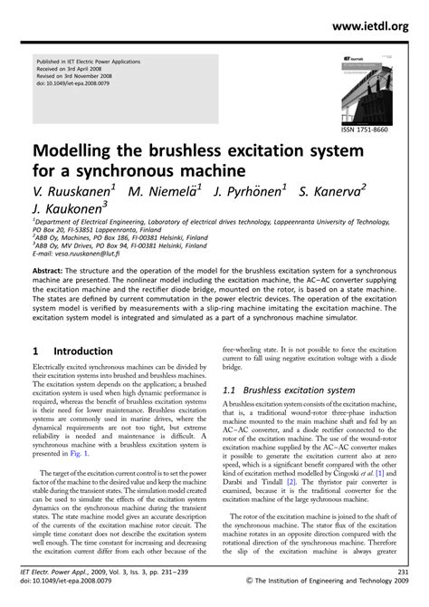 Pdf Modelling The Brushless Excitation System For A Synchronous Machine
