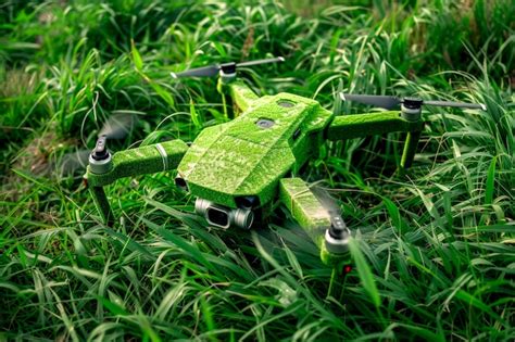 Green Remote Controlled Flying Vehicle In Field Of Green Grass And Weeds Premium Ai Generated