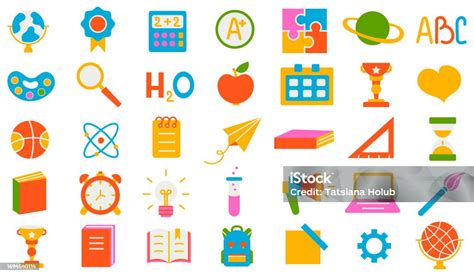 학교로 돌아 가기 학교에서 공부하기 위한 문구류의 플랫 아이콘 세트 고립 된 교육 다채로운 어린이 액세서리 컬렉션입니다 벡터 객체 물건 디자인 만화 그래픽 패치 요소 어린이