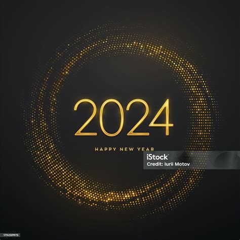 새해 복 많이 받으세요 2024년 반짝이는 배경에 2024년 황금 메탈릭 럭셔리 숫자 인사말 카드에 대한 현실적인 표시입니다 반짝이는 배경 축제 포스터 또는 배너 벡터