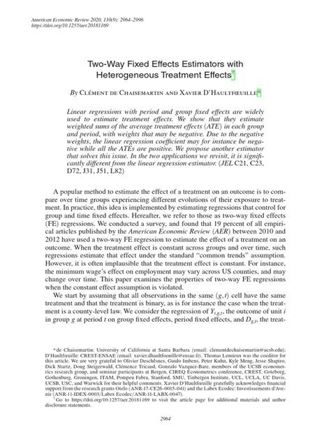 De Chaisemartin D Haultfœuille 2020 Two Way Fixed Effects Estimators With Heterogeneous