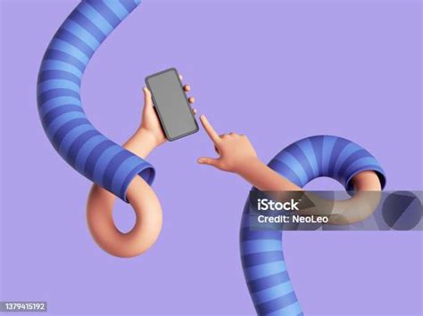 3d 렌더링 유연한 만화 캐릭터 손빈 화면과 스 와이프와 스마트 폰을 개최 소셜 네트워크 통신 터치 스크린 기술 파스텔 바이올렛 배경에 고립 된 재미있는 클립 아트 3차원