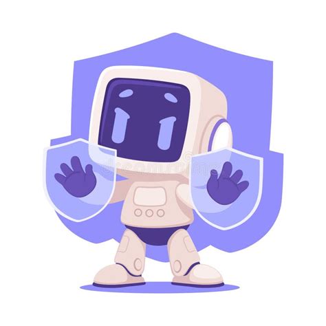 Robot Character With Shield As Smart Android Assistant Machine Vector Illustration Stock