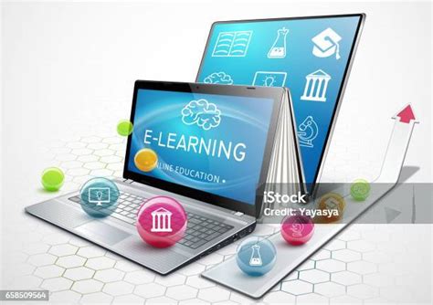 E러닝의 개념입니다 온라인 교육입니다 서적으로 노트북입니다 교육을 받고 일러스트 레이 션 개념에 대한 스톡 벡터 아트 및 기타 이미지 Istock