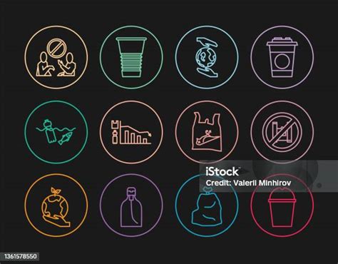 세트 라인 종이 유리 물 비닐 봉투 포스터에 아니오 라고 지구 지구를 들고 손 생태 인포 그래픽 바다의 문제 오염 중지 죽은 새 아이콘 벡터 가방에 대한 스톡 벡터 아트 및