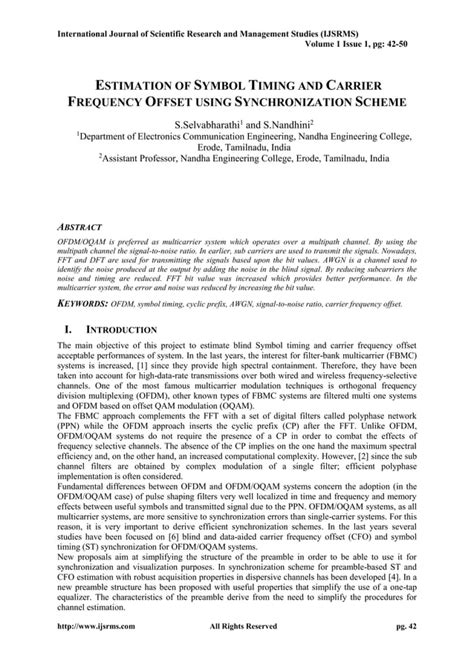 Estimation Of Symbol Timing And Carrier Frequency Offset Using Synchronization Scheme Pdf