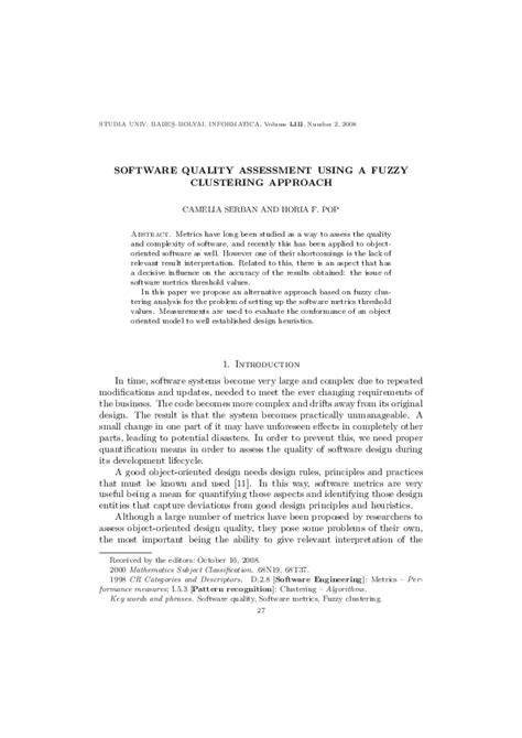 Pdf Software Quality Assessment Using A Fuzzy Clustering Approach