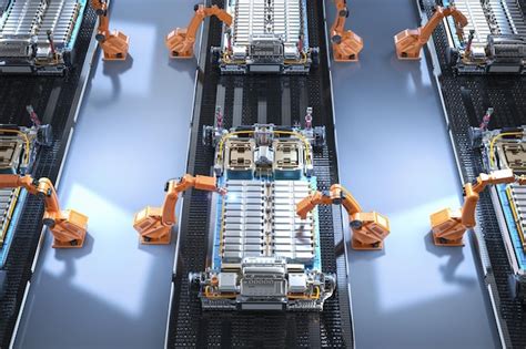 플랫폼에 전기 자동차 배터리 셀 모듈이 있는 로봇 조립 라인 프리미엄 사진