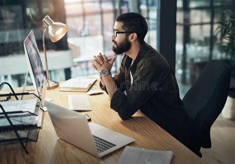 Computer Thinking And Planning With Business Man In Office For Web