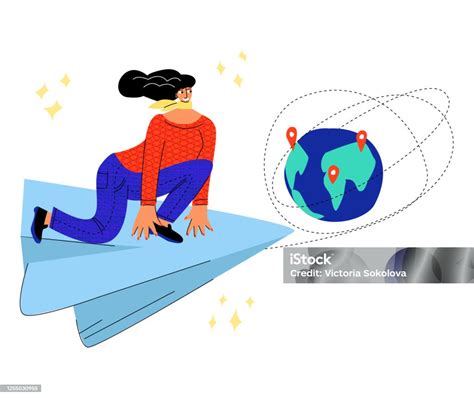 지상에 다양한 지점을 향해 종이 평면에 행복한 여자와 벡터 평면 추상 적 그림 개념에 대한 스톡 벡터 아트 및 기타 이미지 개념 공항 관광 Istock