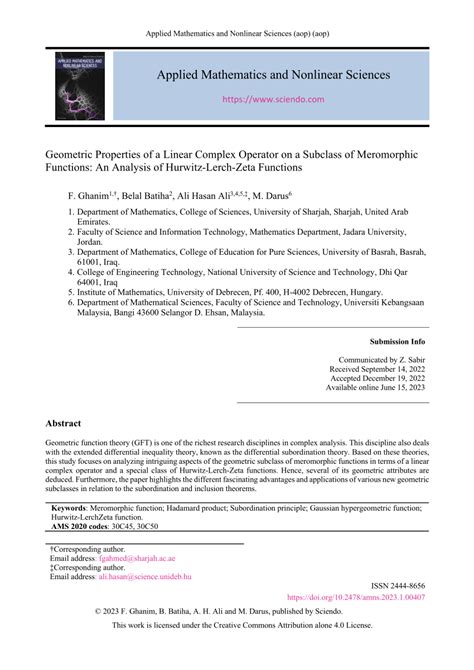 PDF Geometric Properties Of A Linear Complex Operator On A Subclass Of Meromorphic Functions