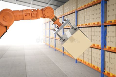 Automation Factory Or Cargo With 3d Rendering Robotic Arm Carry Cardboard Box Stock Illustration