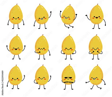Big Set With Yellow Mango In Different Poses Cute Cartoon Character Mango Flat Vector