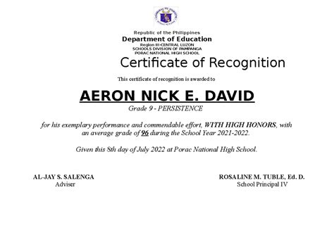 Persistence Certificate Of Recognition Sy 21 22 Department Of