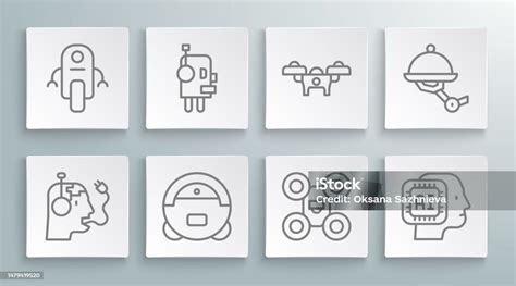 세트 라인 로봇 충전 배터리 진공 청소기 드론 휴머노이드 로봇 웨이터 및 아이콘 벡터 가공의 인물에 대한 스톡 벡터 아트 및