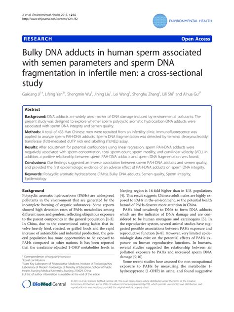 Pdf Bulky Dna Adducts In Human Sperm Associated With Semen Parameters