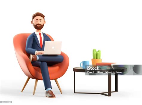 안락 의자에 앉아 노트북과 양복을 입고 행복한 미소 사업가의 3d 그림 현대 커피 테이블 머그잔 책 과 식물 만화 사무실 작업장 3차원 형태에 대한 스톡 사진 및 기타