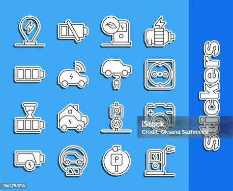 세트 라인 전기 자동차 충전소 에코 자연 잎 배터리 전기 콘센트 스마트 시스템 배터리 충전 충전 주차 전기 및 아이콘 벡터 가득