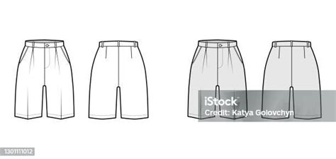 짧은 버뮤다 드레스 팬츠 기술 패션 일러스트와 위 무릎 길이 싱글 플리트 정상 허리 고층 0명에 대한 스톡 벡터 아트 및 기타 이미지 Istock